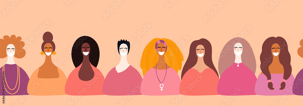 Hand drawn seamless horizontal border with diverse women faces. Vector ...