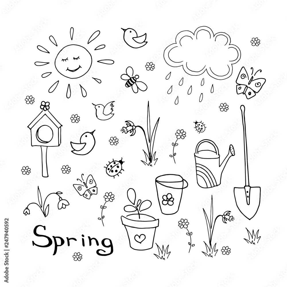 spring doodle set, collection of simple hand-drawn elements (sun, cloud ...