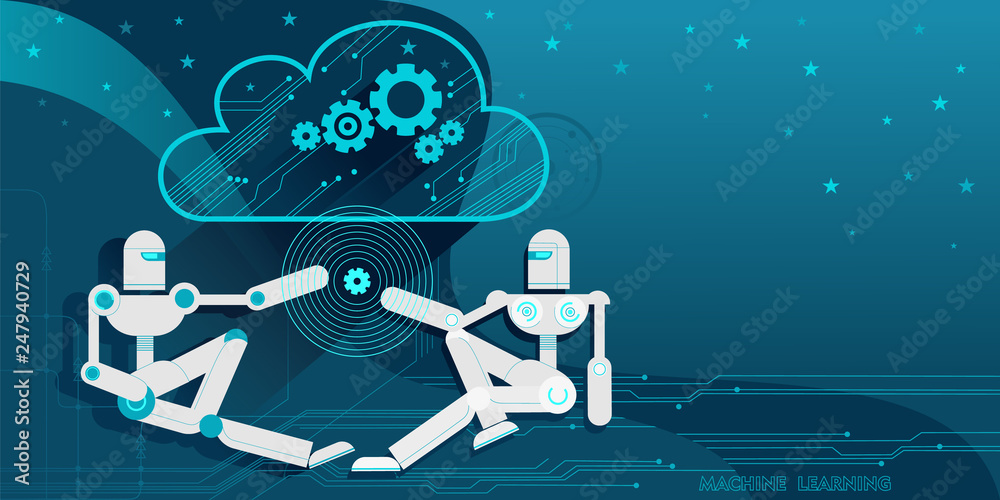 Two android robots, symbolizing machine learning, exchange information ...