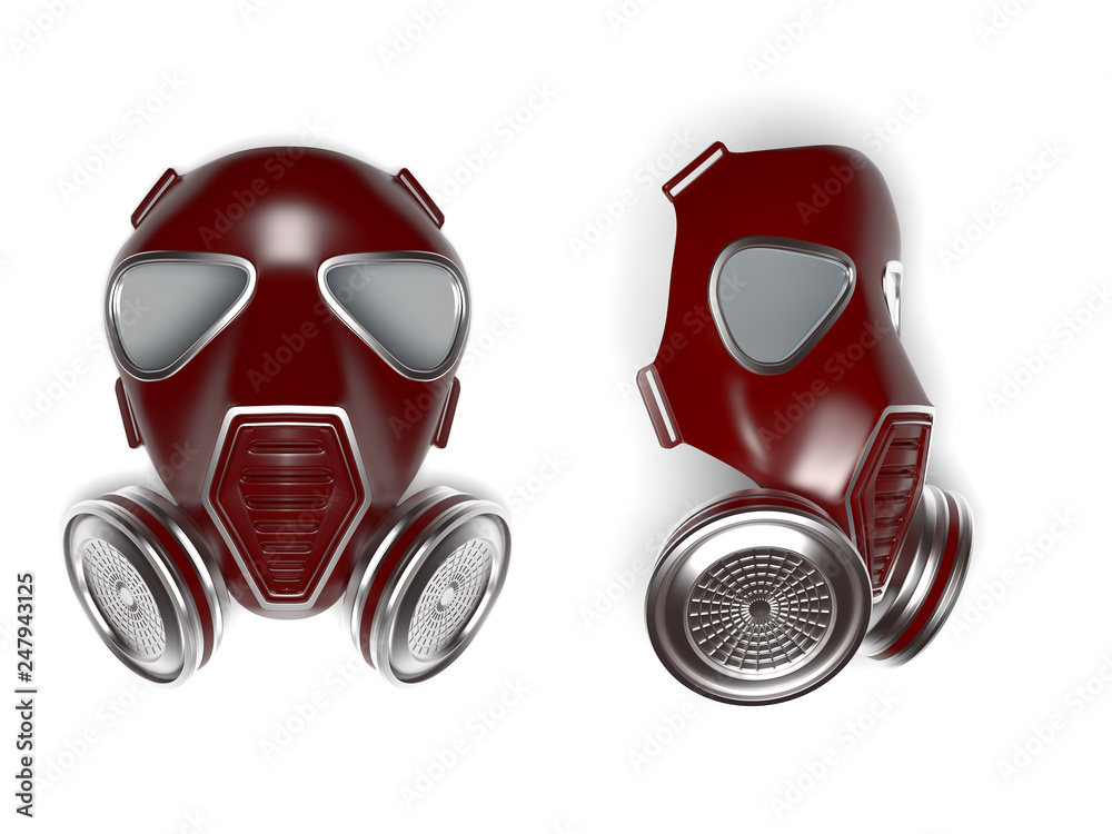 Gas mask. Modern dark red respirator with metal filters. Front and side ...