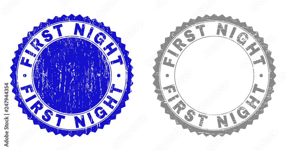 Grunge FIRST NIGHT stamp seals isolated on a white background. Rosette ...