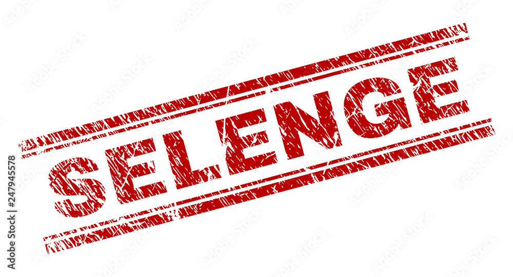 SELENGE seal print with distress texture. Red vector rubber print of ...
