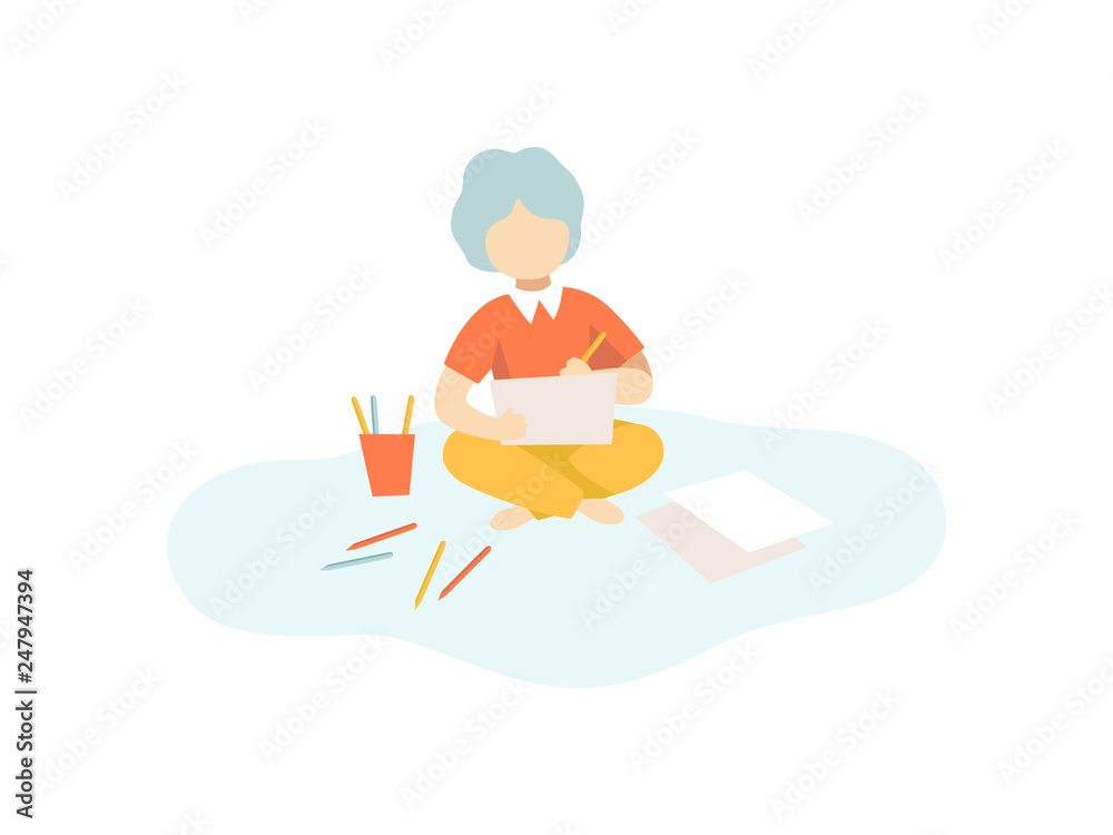 Cute Boy Sitting on Floor and Drawing with Pencils, Kids Creativity ...