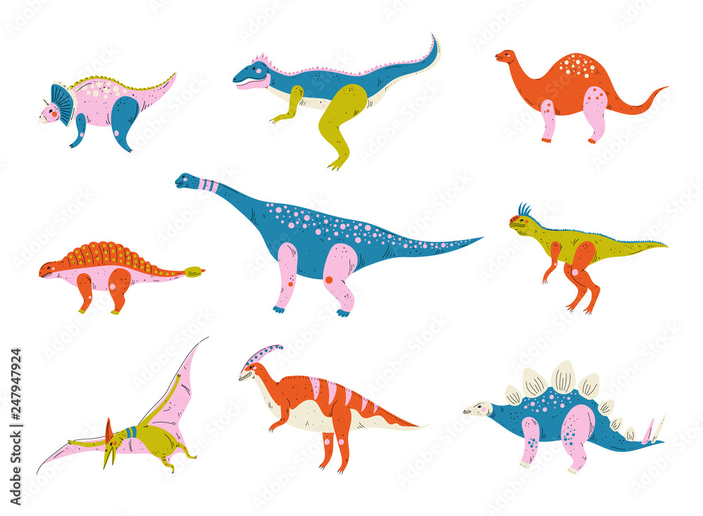 Collection of Colorful Dinosaurs, Brontosaurus, Tyrannosaurus ...