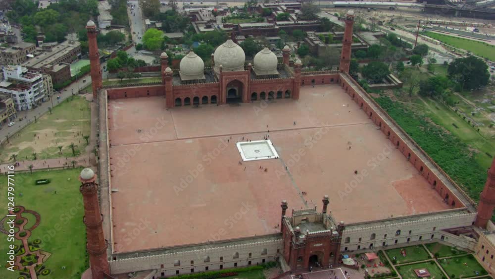 Lahore, Pakistan, Top aerial rotational and zoom out view of Badshahi ...