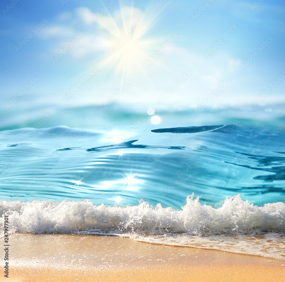 Summer landscape with sea surf, nature of tropical beach with rays of ...