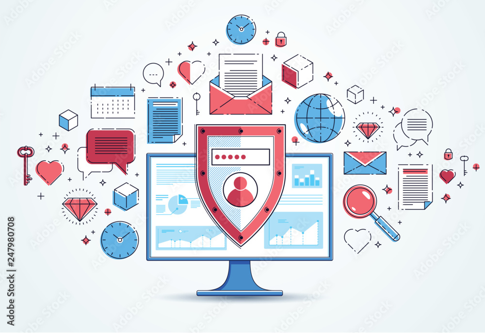 Shield over computer monitor and set of icons, private data security concept, antivirus or ...