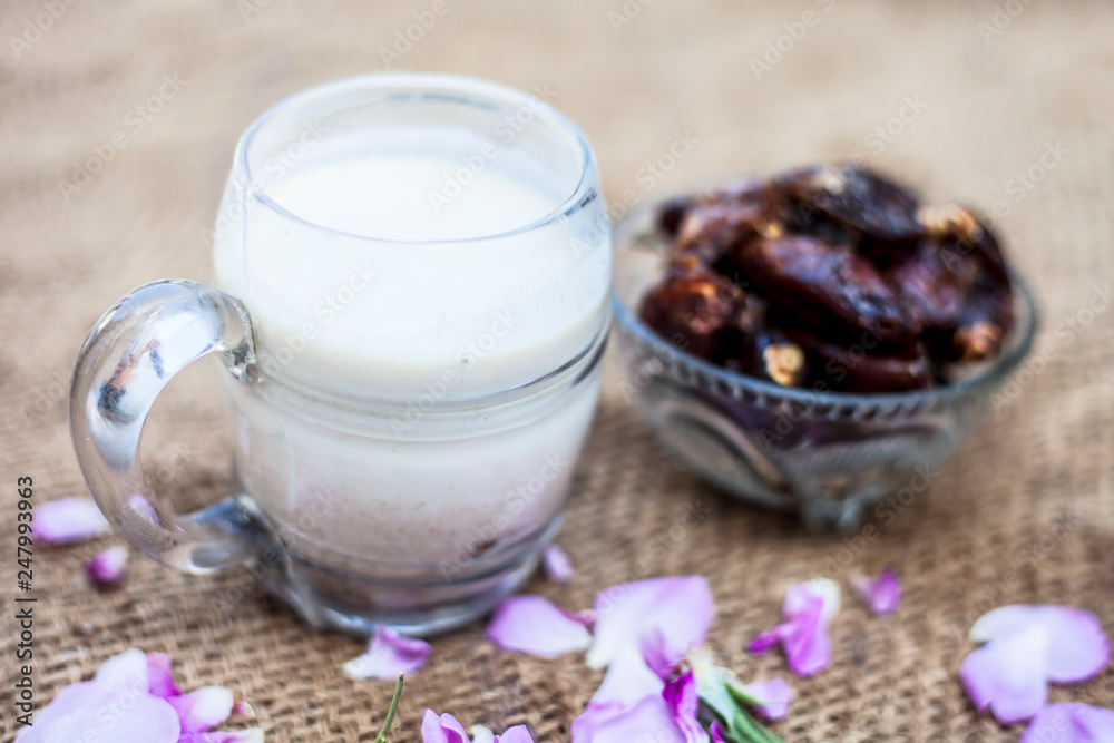 Close up shot of popular Indian & Asian Khajor dudh or dates milk in a ...