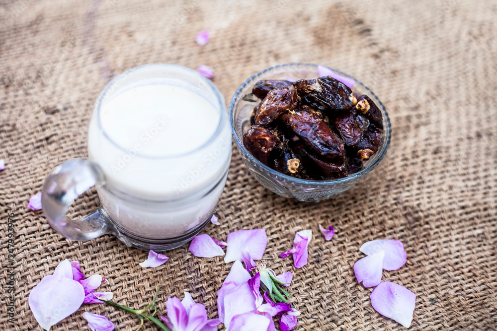 Close up shot of popular Indian & Asian Khajor dudh or dates milk in a ...