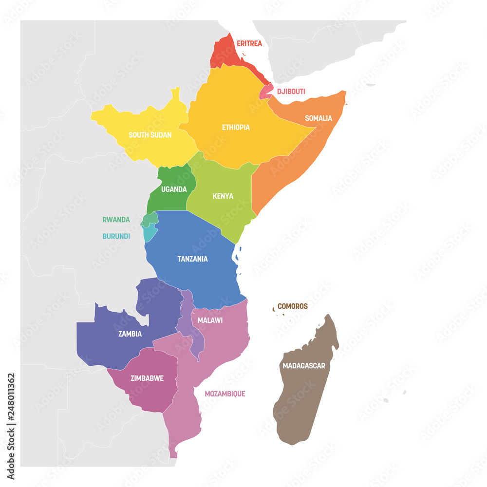East Africa Region. Colorful map of countries in eastern Africa. Vector ...