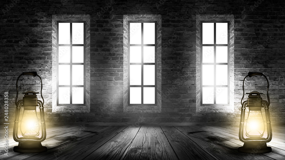 Dark room, wooden table, night lantern, magic, empty scene of a dark ...