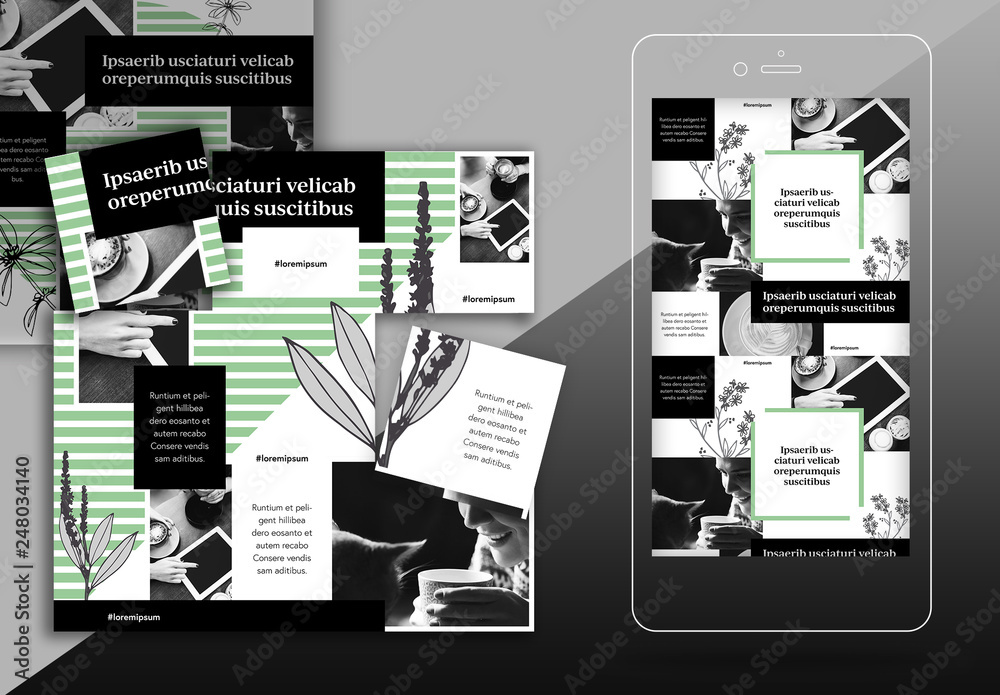 Social Media Grid Post Layout Set with Green Accents Stock Template ...