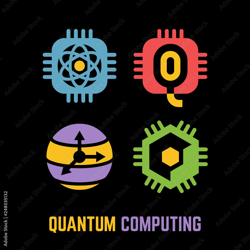 Quantum computing color glyph silhouette icon set on a black background ...