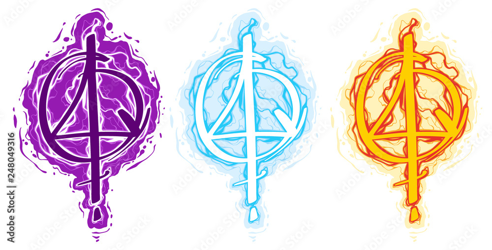Cartoon colorful magic spell witch symbol or sign. Water, fire and ...