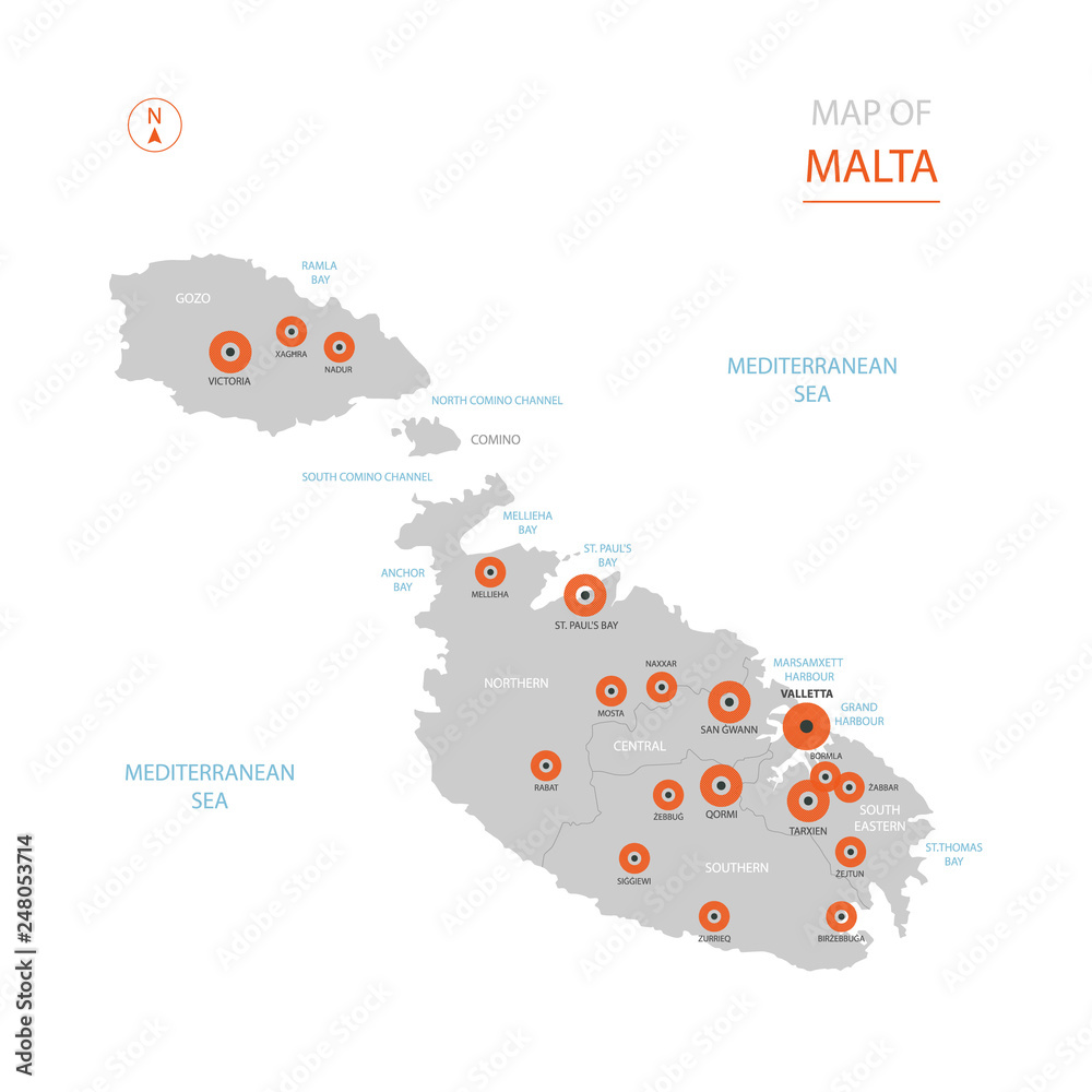 Stylized vector Malta map showing big cities, capital Valletta ...