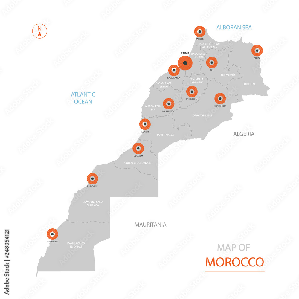 Stylized vector Morocco map showing big cities, capital Rabat ...