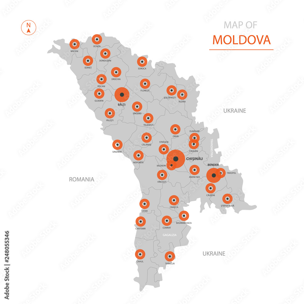 Stylized vector Moldova map showing big cities, capital Kishinev ...