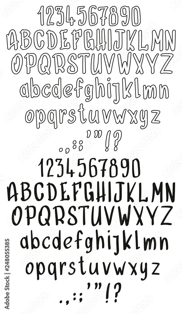 Handrawn black and white font. Cartoon style. Vector alphabet, numbers ...