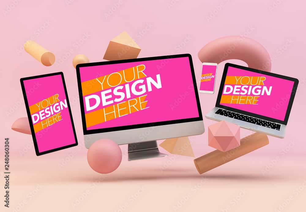 Floating Devices on Pink Background Mockup Stock Template | Adobe Stock