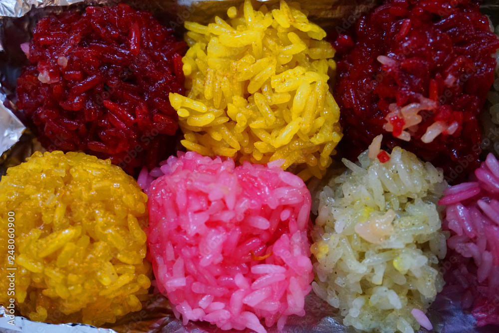 Xoi Ngu Sac - Five colors sticky rice ball with chopped peanut and ...