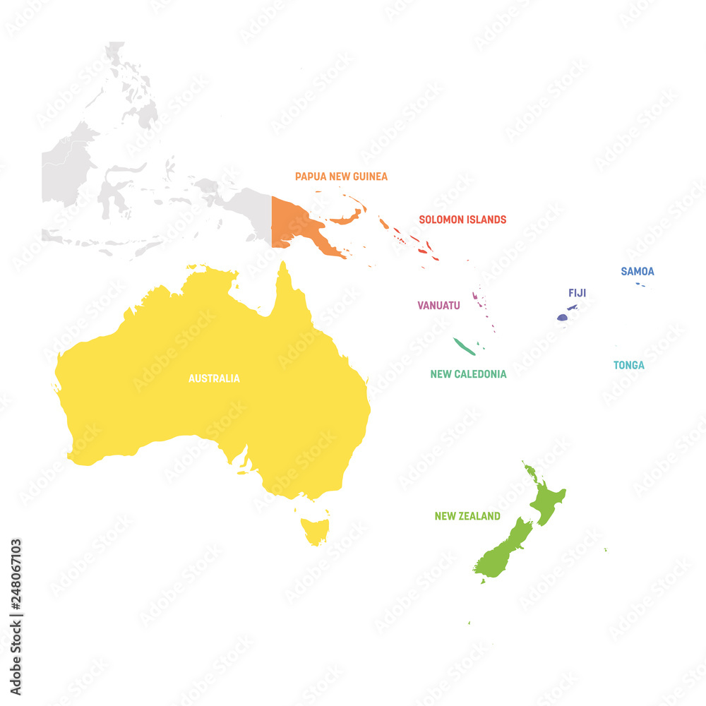 Australia and Oceania Region. Colorful map of countries in South Pacific Ocean. Vector ...