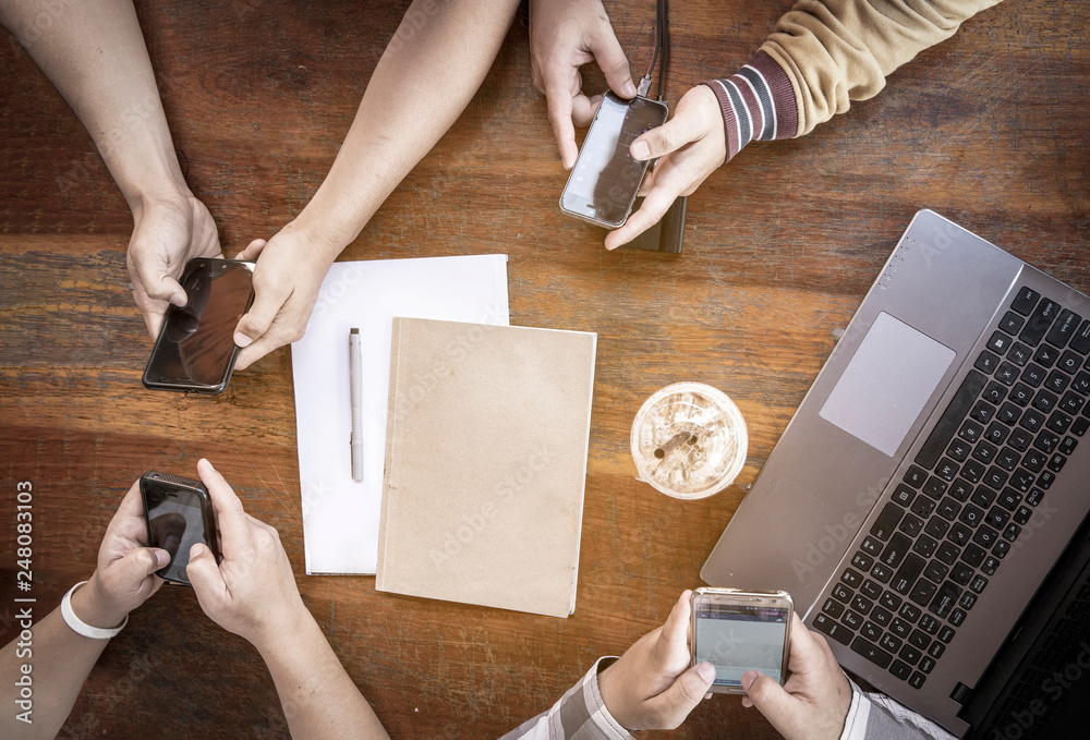Top view of group students sitting at college library. Students using ...
