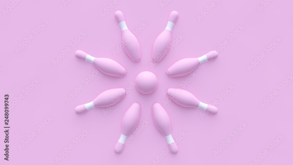 Pastel Pink Bowling Pins And Ball On The Pastel Pink Background - 3D ...