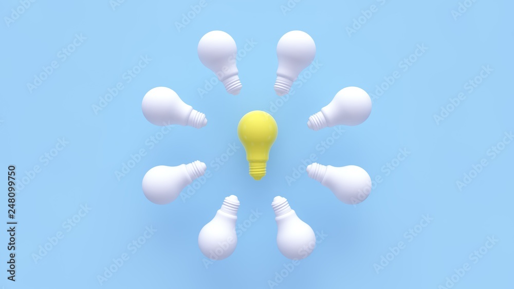 Think Different Concept, One Yellow Light Bulb Standing Out From The ...