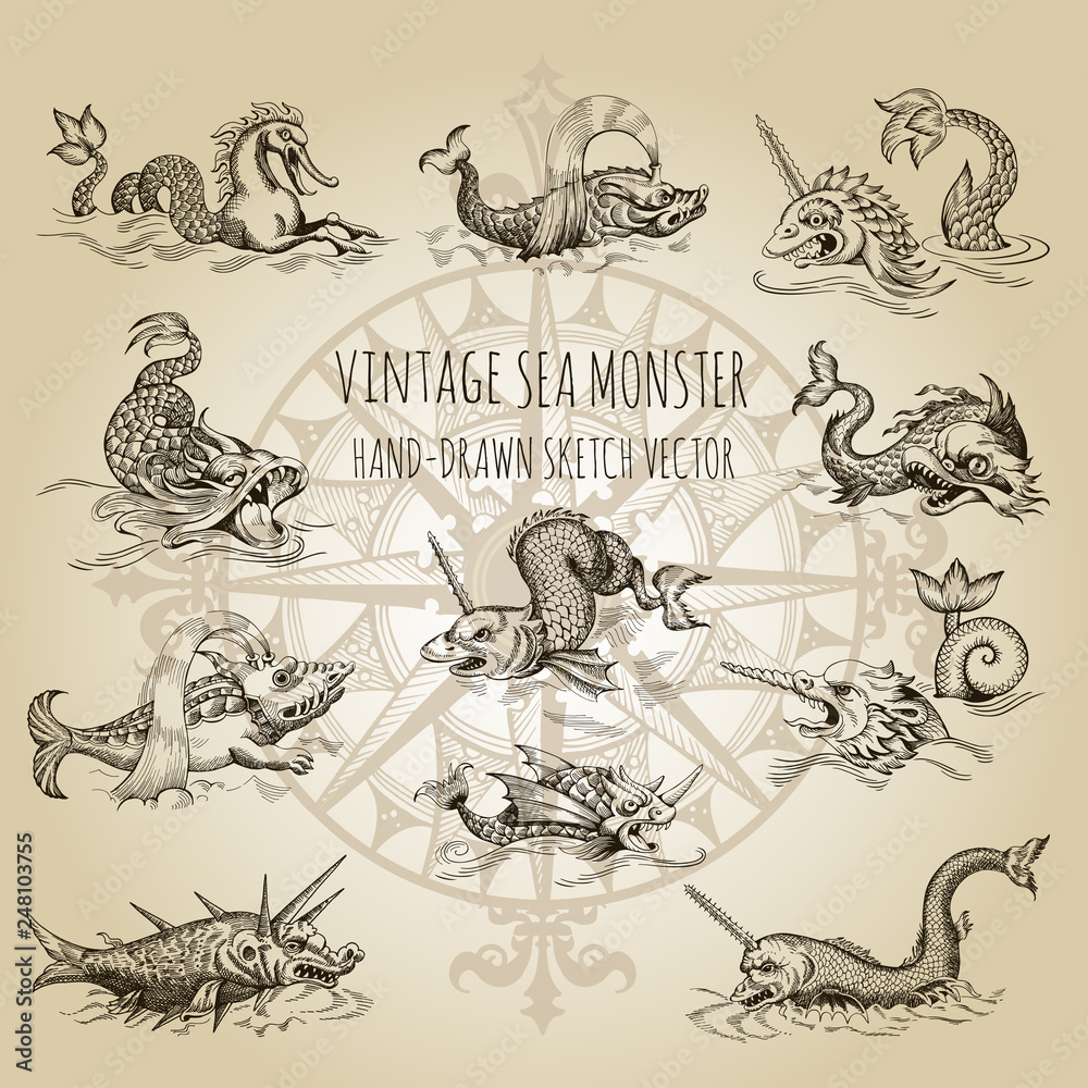 Mythological vintage sea monster. Fragment of old pirate map. Hand ...