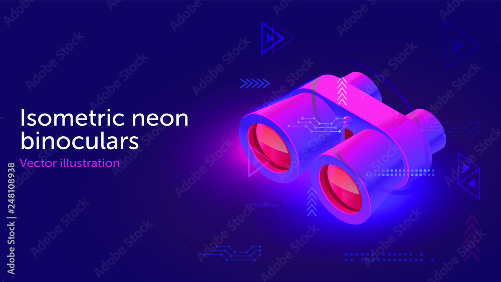 Isometric vector neon binoculars 3d binoculars illuminated with neon ...