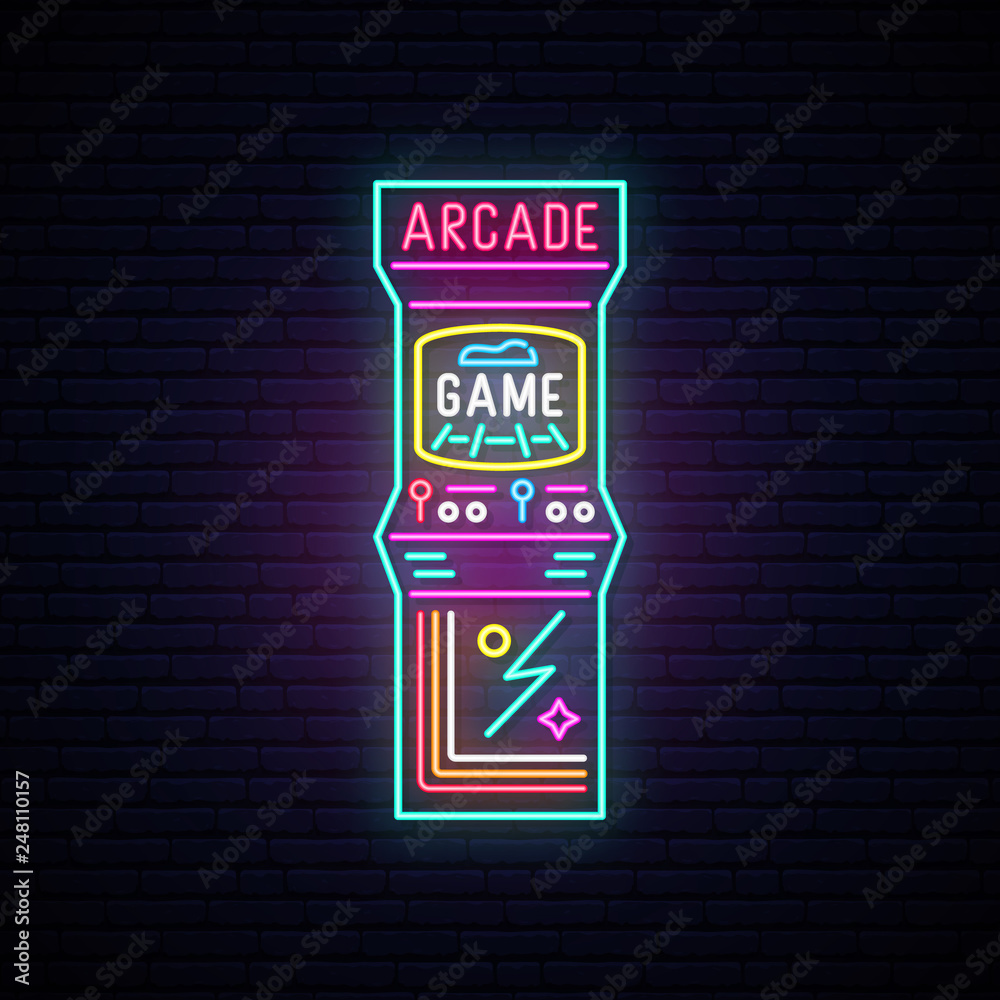 Arcade game machine neon sign. Entertainment emblem. Advertising design ...