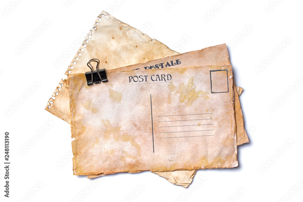 Mock up of empty old vintage paper sheets and post cards with clip ...