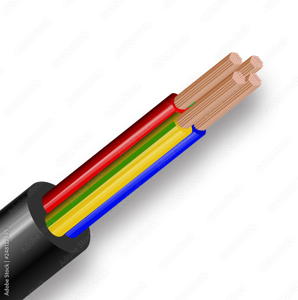 Flexible Three-wire electrical cable isolated on white background ...
