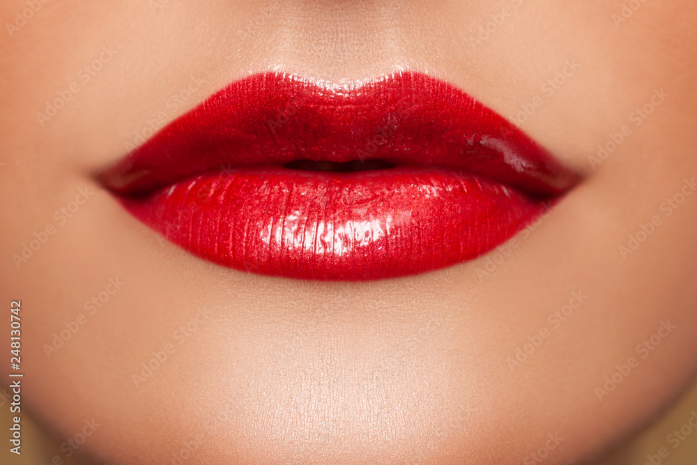 Lips chin Woman close up Beauty. Sexy Red Lips. Lip Makeup - glossy Red ...