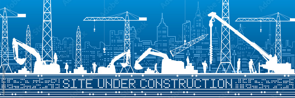 Site Under Construction illustration. Buildings panorama, industrial ...