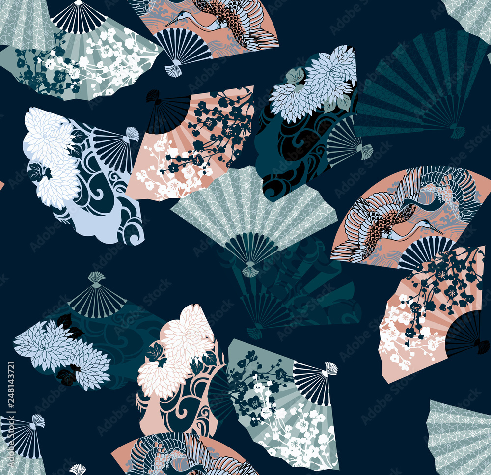 Japanese fan pattern with a picture of chrysanthemums and cranes ...