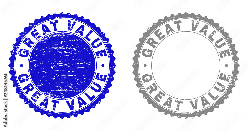 Grunge GREAT VALUE stamp seals isolated on a white background. Rosette ...