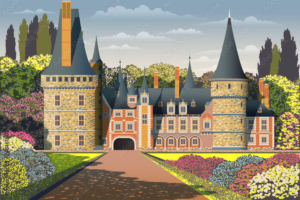 Medieval old gothic castle with a bridge, Park, flowering shrubs and ...