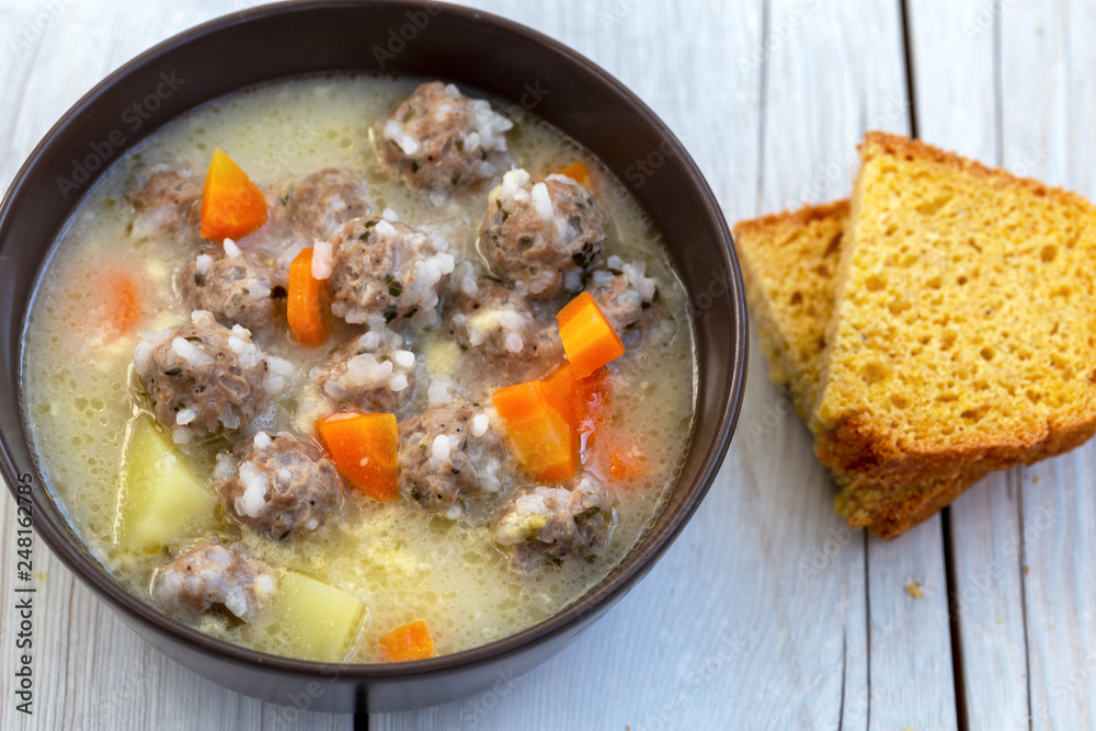 Turkish food Sulu Kofte with bread. (Juicy Meatballs Soup) Stock Photo ...