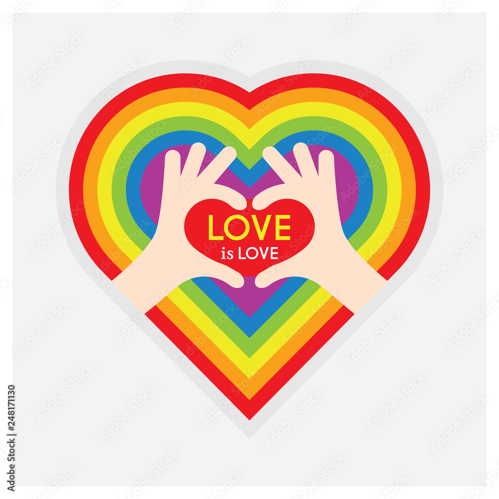 Abstract showing heart symbol hands and Love is Love message and pride ...