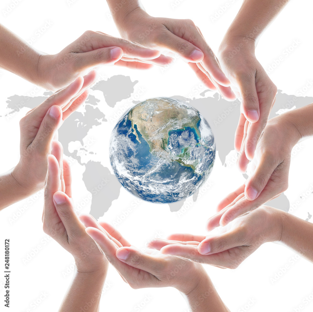 Collaborative people's hands surrounding globe world map for community ...