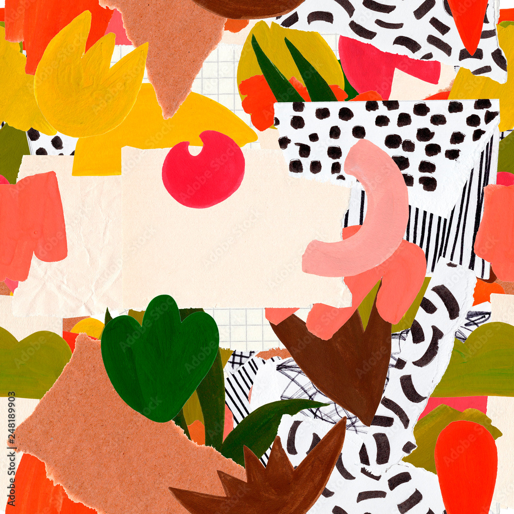 Gouache and paper collage seamless patterns. Trandy abstract collage ...