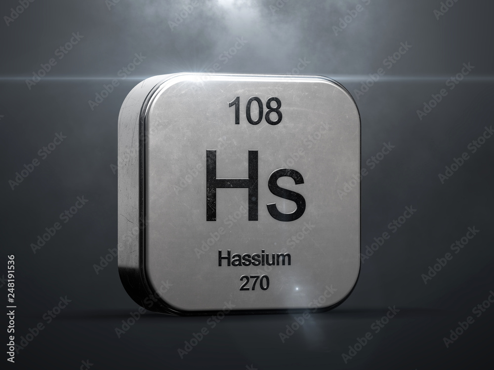 Hassium element 108 from the periodic table. Metallic futuristic icon ...