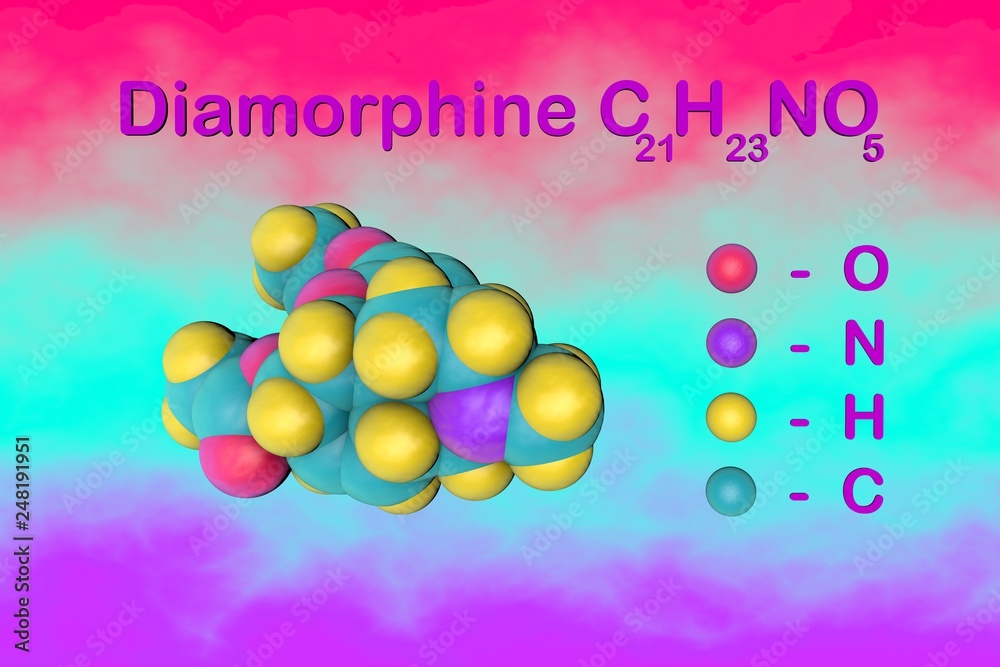Molecular structure of diamorphine or heroin. Atoms are represented as ...