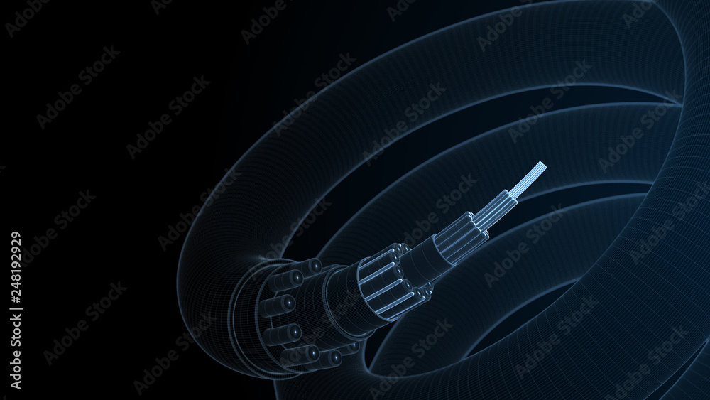 3d blue render technology background. Concept of fiber optic internet ...