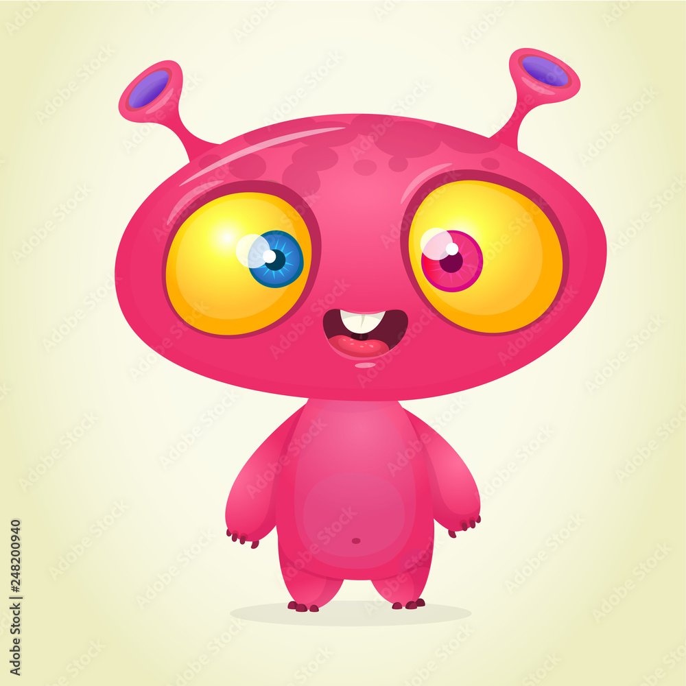 Pink funny happy cartoon alien. Green vector alien character. Halloween ...