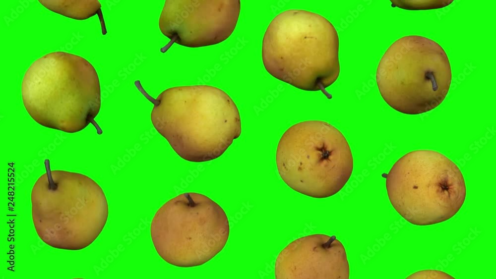 Vidéo Stock Realistic render of falling pears on green background. The ...