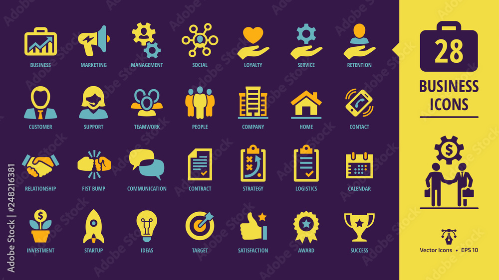 Business isolated yellow glyph icon set on a dark violet background ...