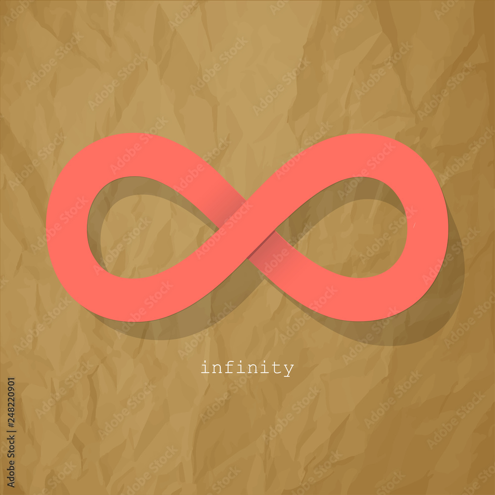 Infinity symbol Coral color on a crumpled paper brown background Stock ...