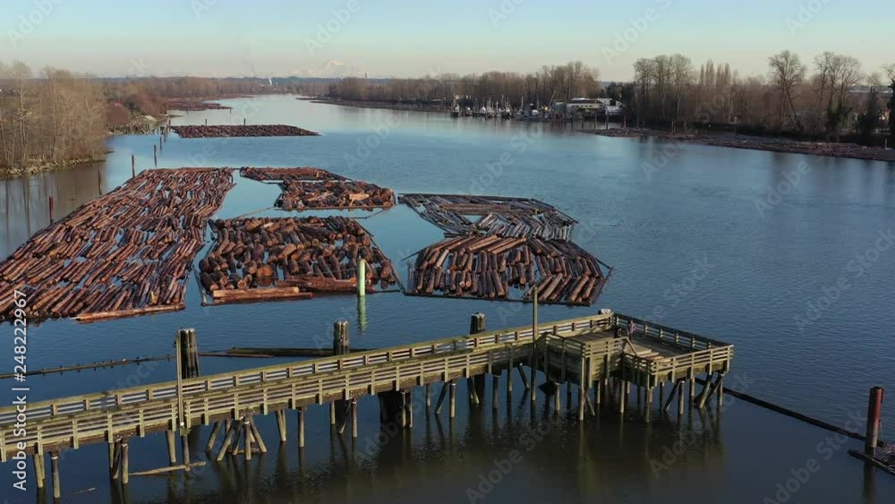 Stockvideon Log Boom Tug at River in Vancouver, Canada. Drone flying ...
